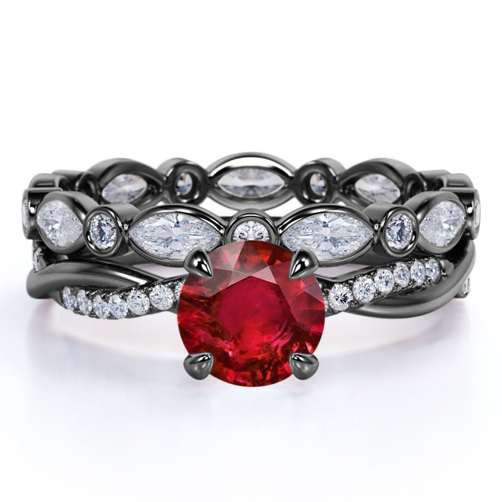 JeenMata 1.75 Carat Round Cut Sunset Simulated Ruby Bridal Ring Set in ...