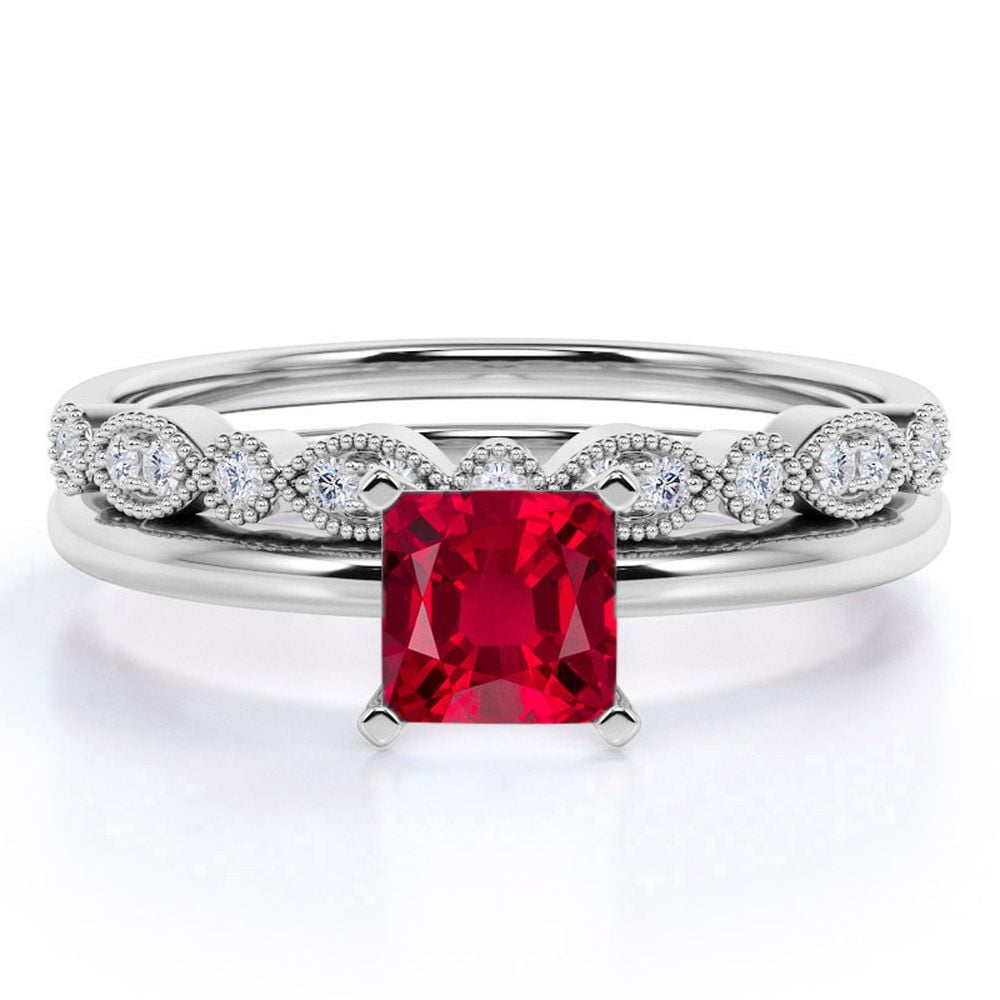 JeenMata 1.75 Carat Sunset Princess Cut Lab Created Ruby Wedding Ring ...