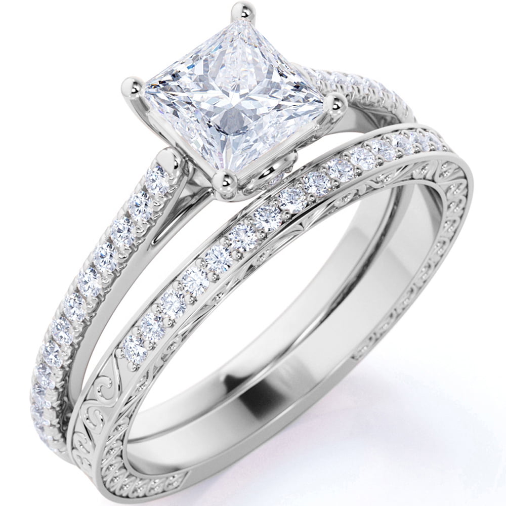 JeenMata 1.75 ct Real Princess Cut Moissanite Vintage Wedding Ring Set ...