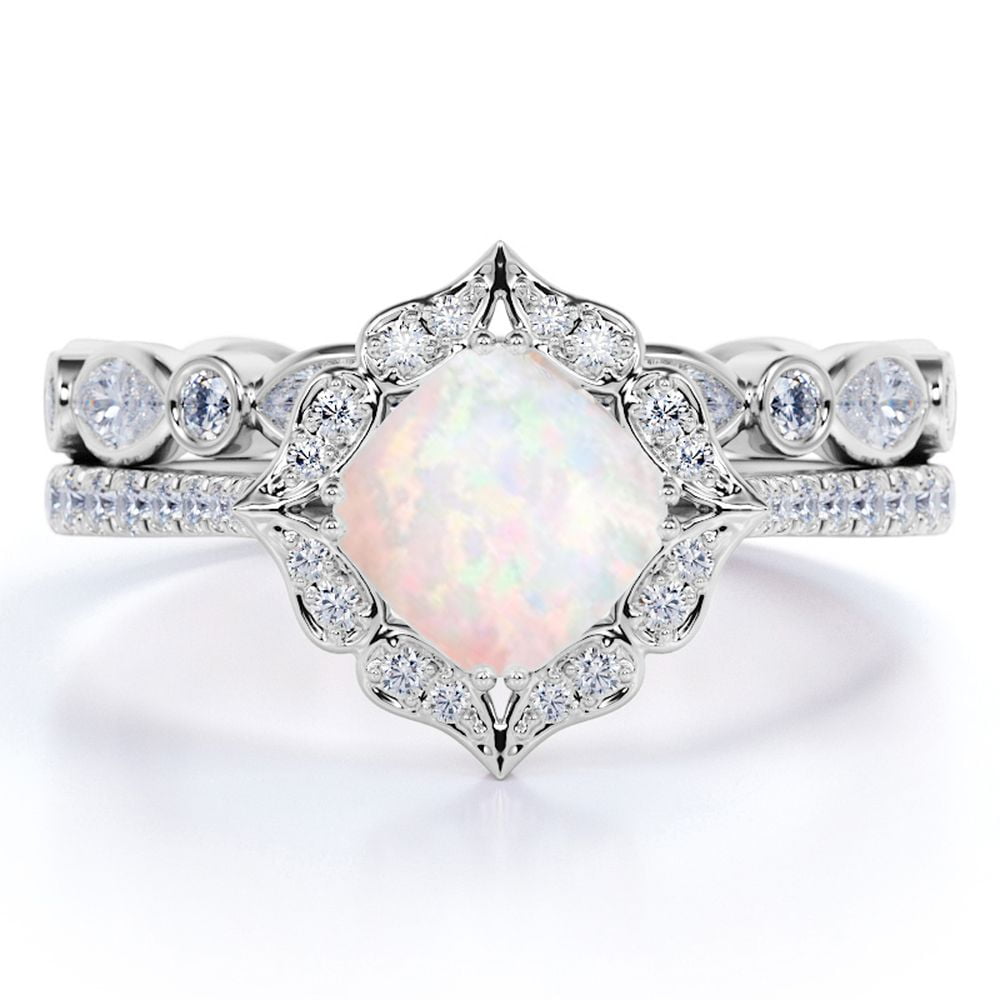 JeenMata 1.75 ct Princess Cut Opal and Moissanite Vintage Wedding Ring ...