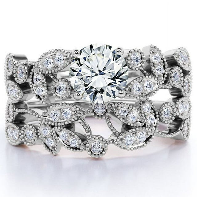 JeenMata 1.75 ct Vintage Round Cut Moissanite Flower Wedding Ring Set ...