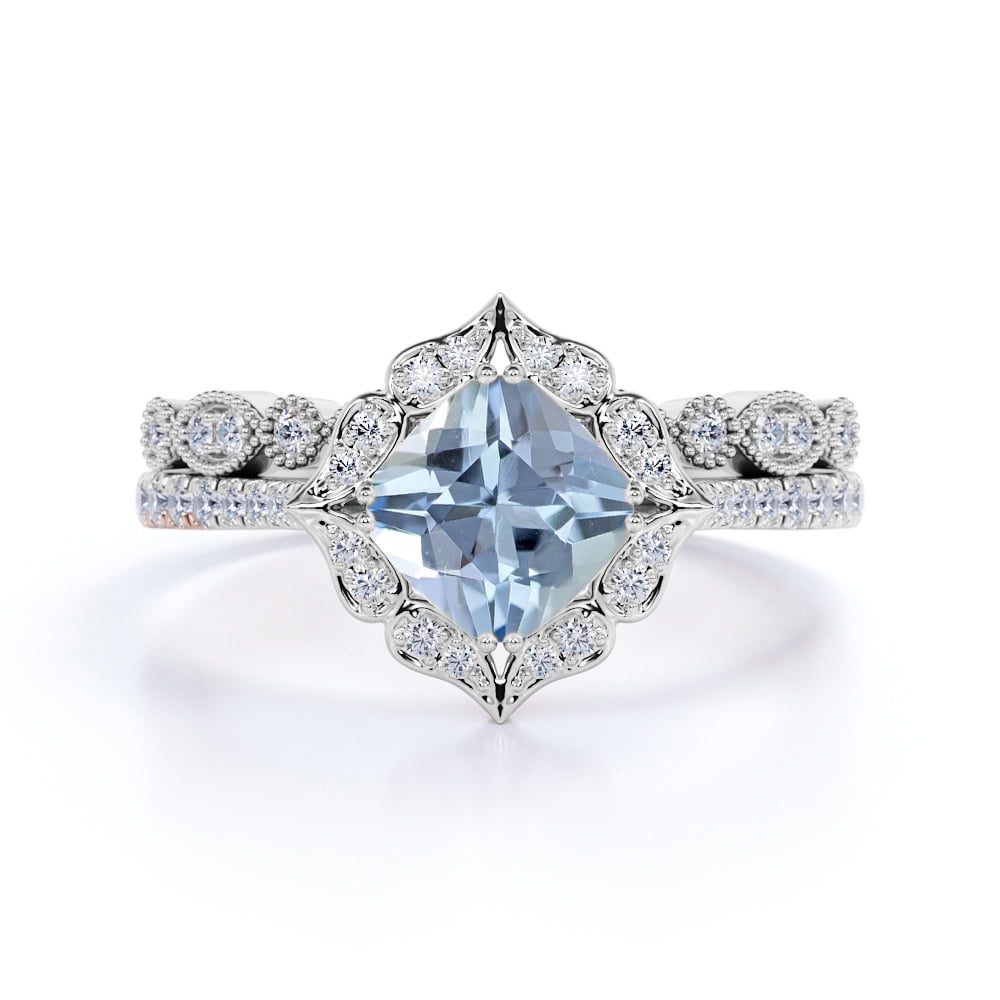 JeenMata 1 Carat Milgrain Round Shape Brazilian Created Aquamarine and ...