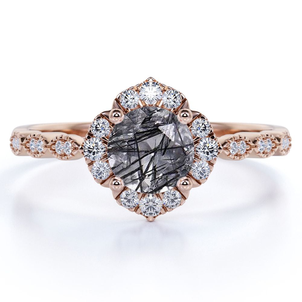 JeenMata 1 ct Round Cut Black Rutilated Quartz and Moissanite Vintage ...