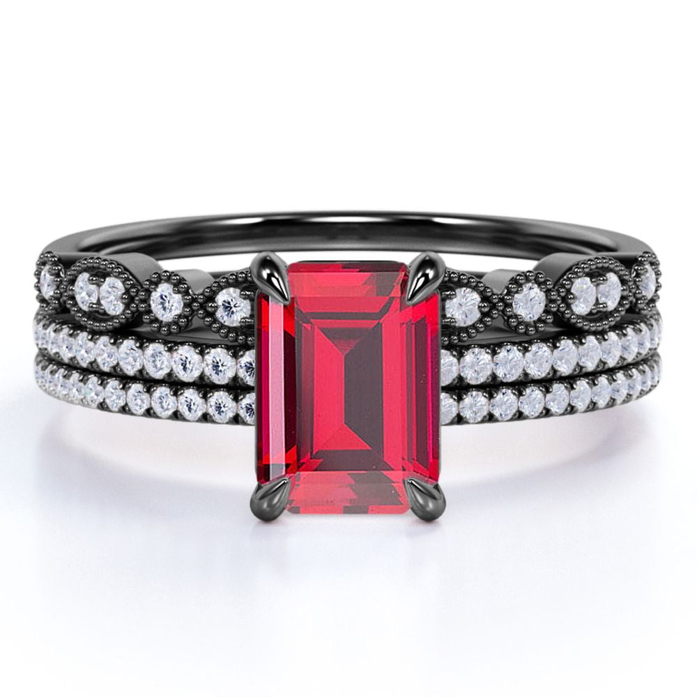JeenMata 2.25 Carat Emerald Cut Lab Created Ruby Trio Set in 18k Black Gold over Silver ...