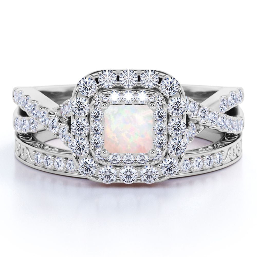 JeenMata 2.25 ct Square Real Australian Opal Infinity Modern Ring Set ...