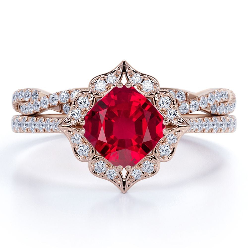 JeenMata 2 Carat Cushion Cut Art Deco Blood Red Lab Created Ruby ...