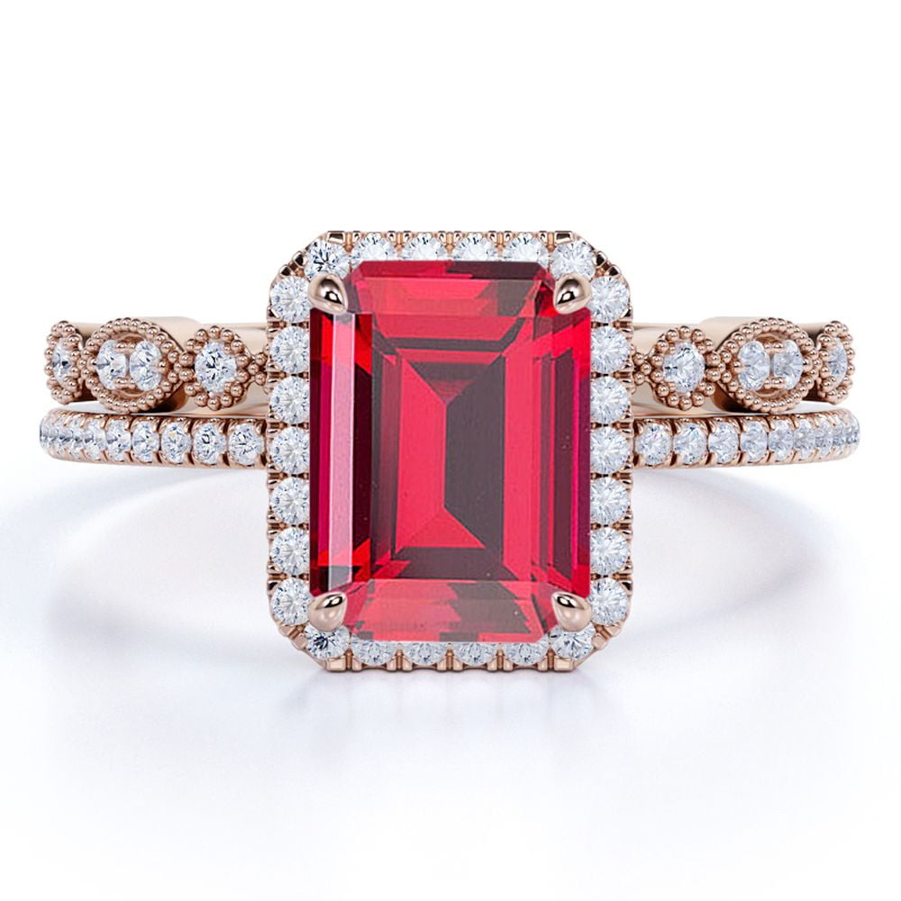 JeenMata 2 Carat Emerald Cut Lab Created Ruby Engagement Ring Set ...