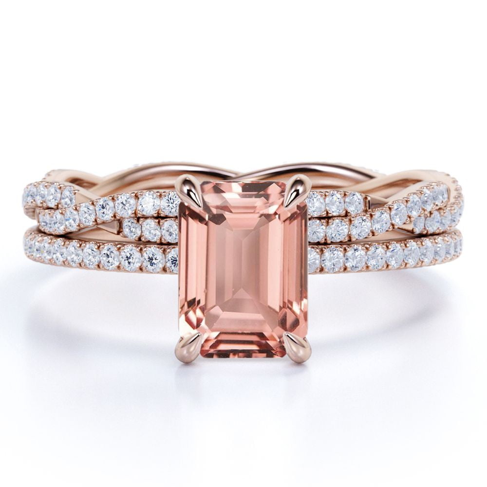 JeenMata 2 Carat Emerald Cut created morganite Wedding Set - Bridal Set ...