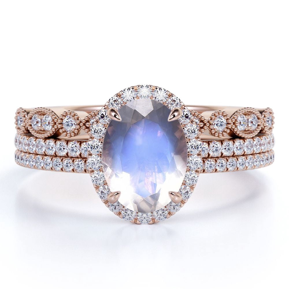 JeenMata 2 Carat Oval Rainbow Moonstone and Moissanite Split Shank Trio ...