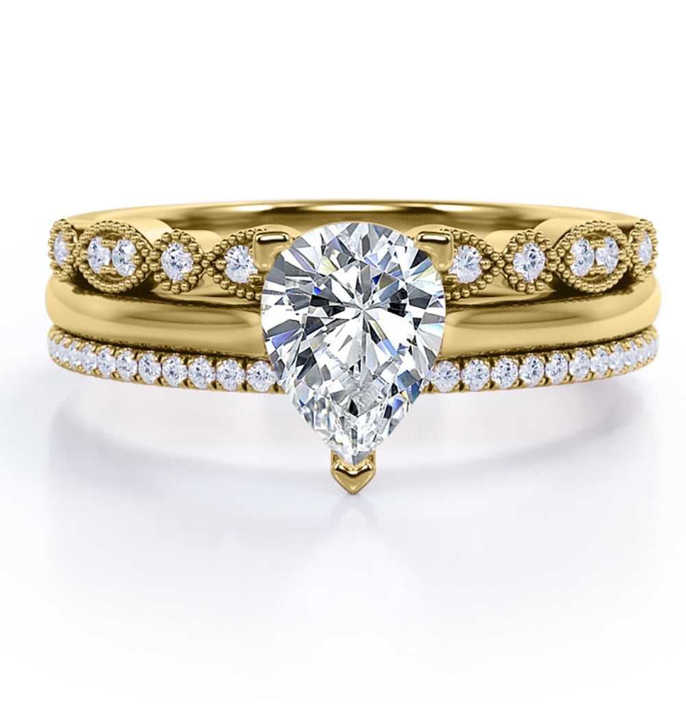 JeenMata 2 Carat Pear Cut - 3 Prong Pave Set - Art Deco Milgrain ...