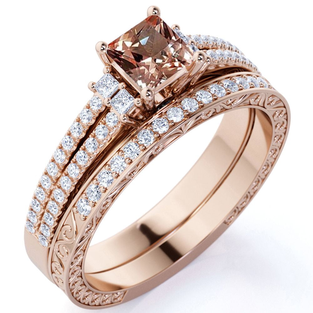JeenMata 2 Carat Princess Cut created morganite Wedding Set - Bridal ...