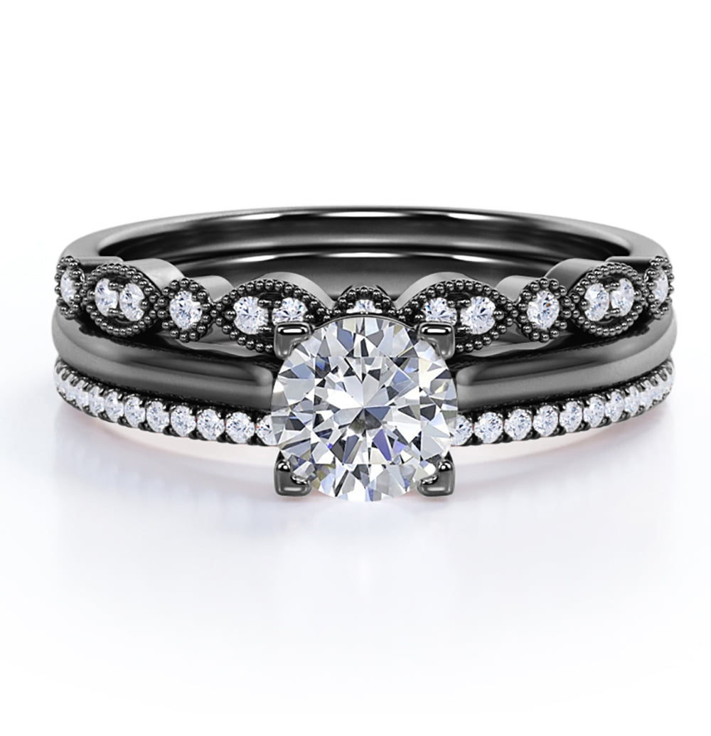 JeenMata 2 Carat Round Cut - Art Deco Milgrain Filigree - 4 Prong Pave ...