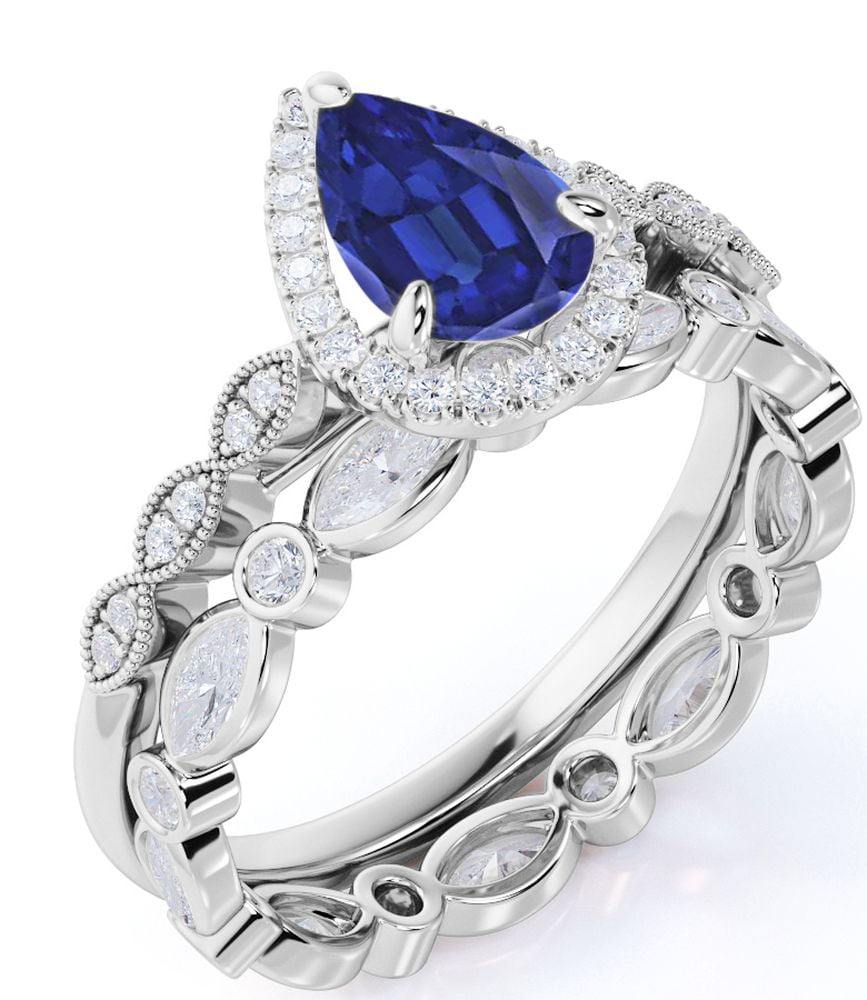 JeenMata 2 Carat Teardrop Handmade Lab Created Blue Sapphire Bridal ...