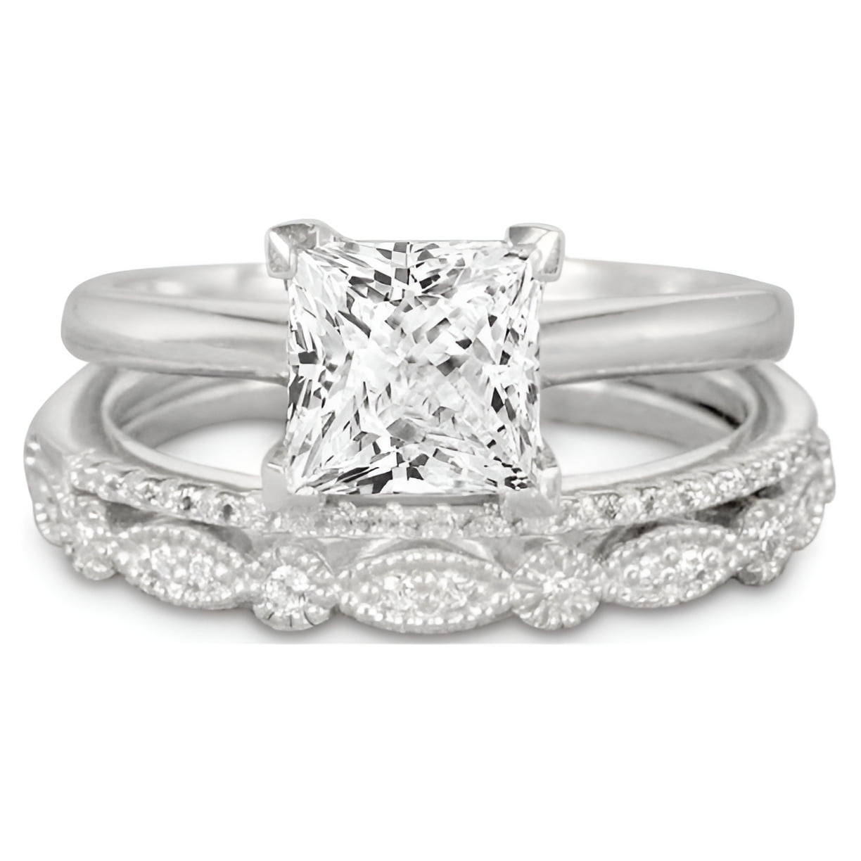 2 Carat Princess Cut Bridal Trio Wedding Ring Set - Deco Promise Rings ...