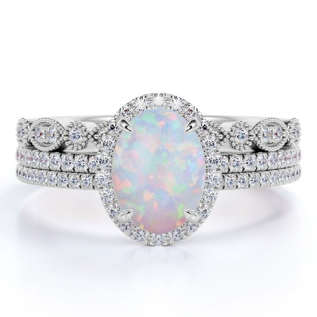 JeenMata 2 ct Halo Real Oval Cut Blue Fire Opal and Moissanite Bridal ...