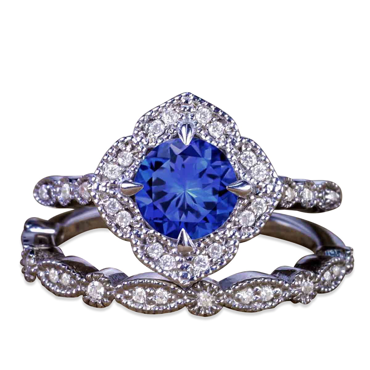 JeenMata 2 ct Round Blue Sapphire Vintage Wedding Ring Set in 18K Black ...