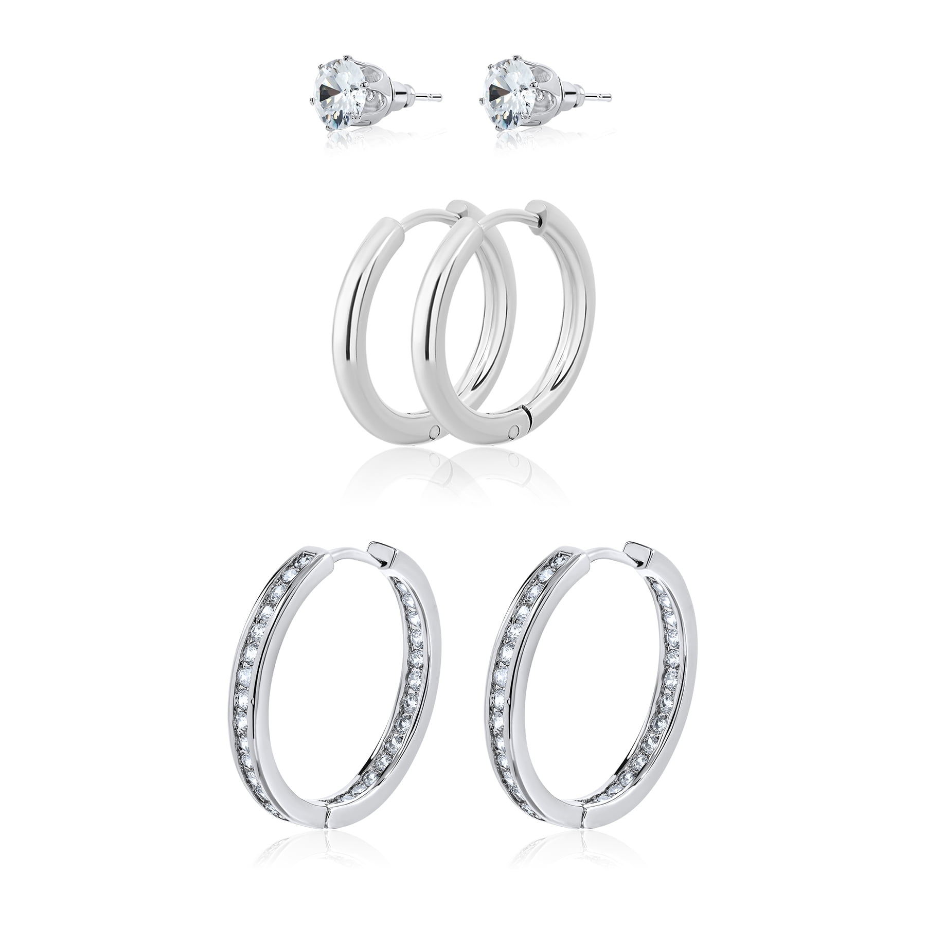 JeenMata 3 Pairs Plain Huggie Hoops and Sparkling Stud Fashion Earrings ...