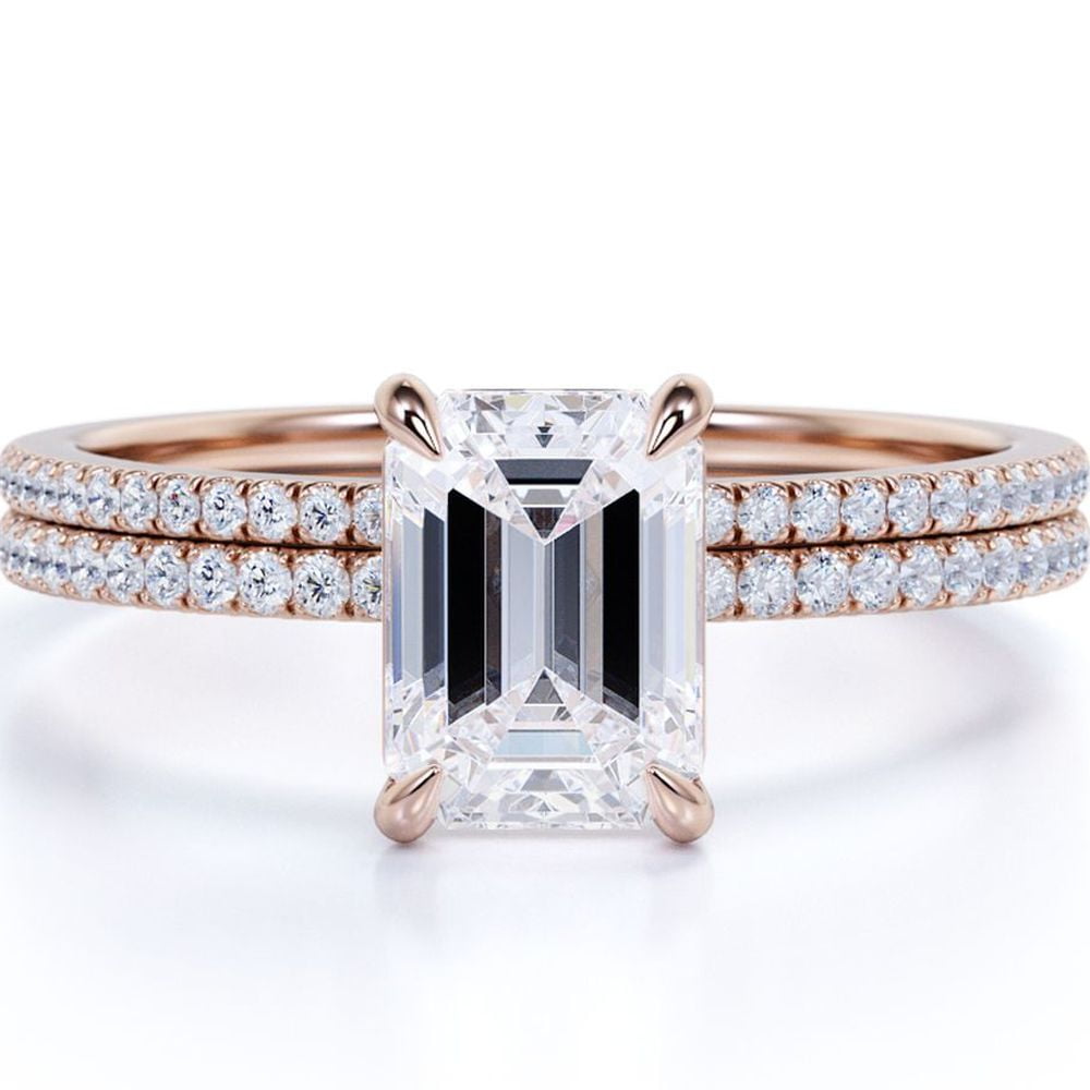 JeenMata 4-Prong Setting 1.5 Carat Emerald Cut Pave Shank Bridal Ring ...