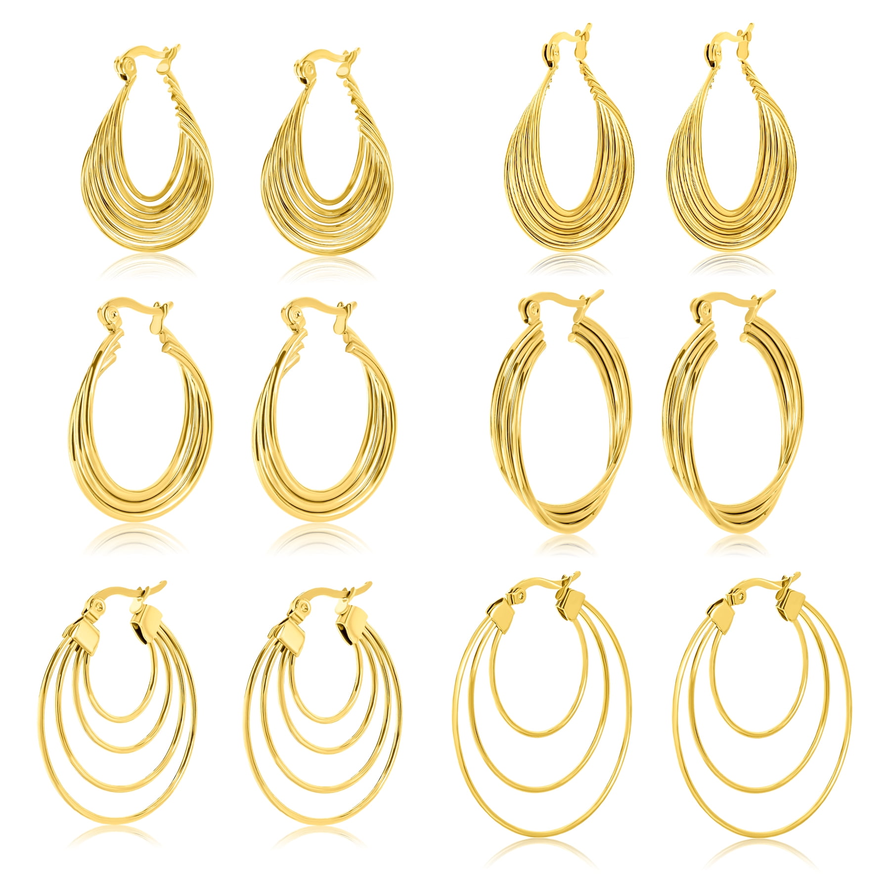JeenMata 6 Pairs Yellow Gold-Plated Hoop Earrings Set Trendy Multi-Loop ...