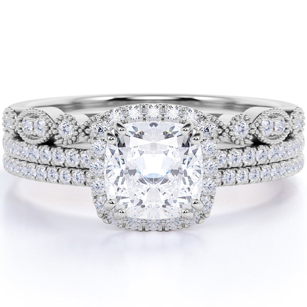 JeenMata 1.75ct Real Moissanite Wedding Trio Ring Set, Engagement Ring ...
