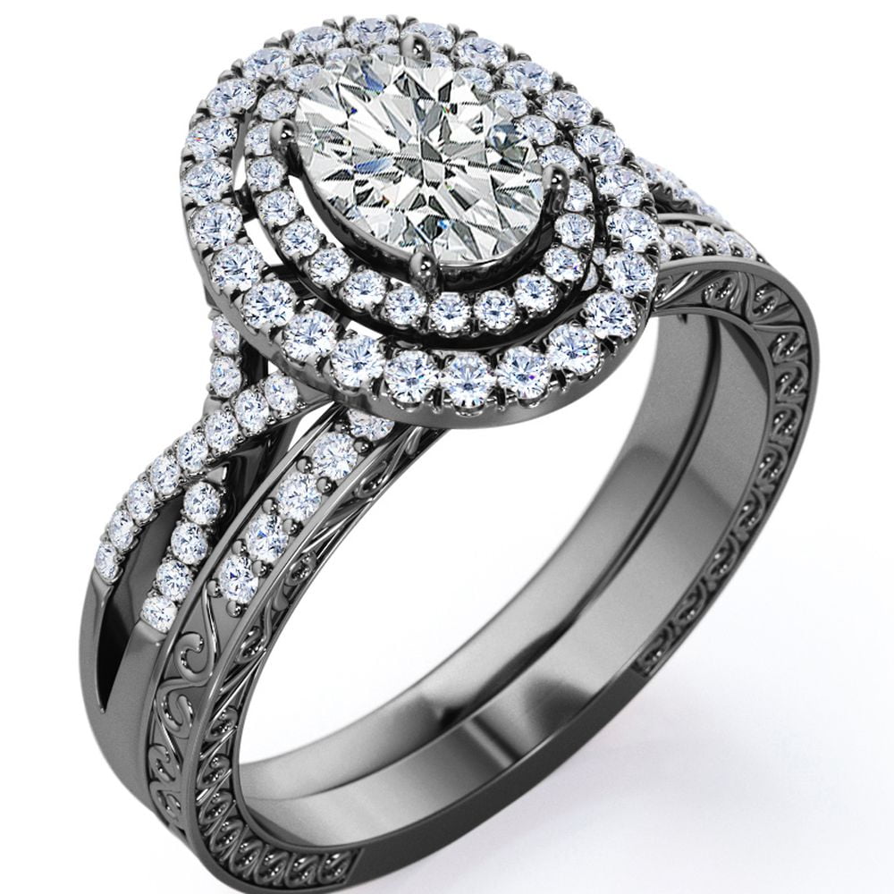 JeenMata Art Deco Band 1.5 Carat Oval Cut Infinity Double Halo Style ...