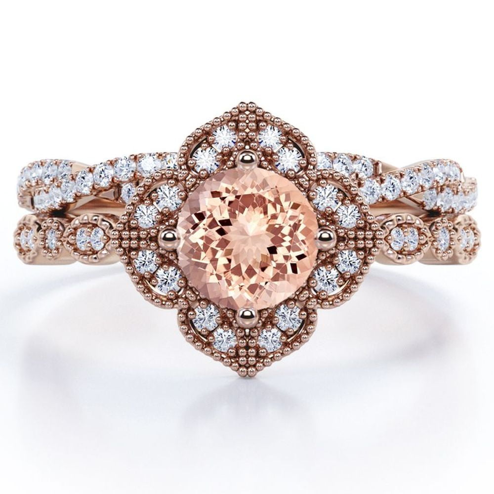 JeenMata Art-Deco Milgrain Floral Cluster 1.5 Carat Round Shape Peach ...