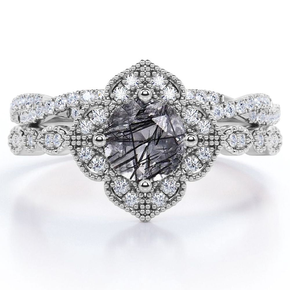JeenMata Wedding Engagement Flower Rutilated Quartz Moissanite Cluster ...