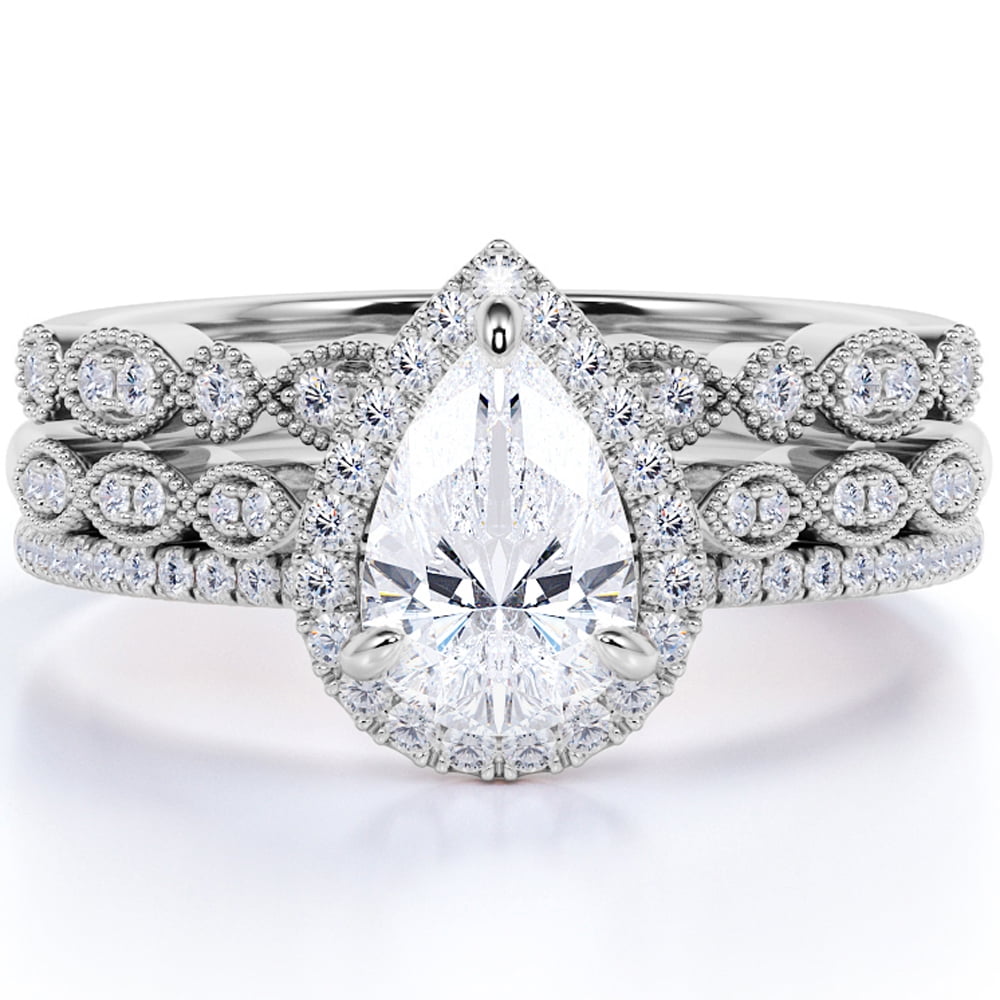 JeenMata Beautiful 1.75 Carat Pear Cut Moissanite Wedding Trio Ring Set ...