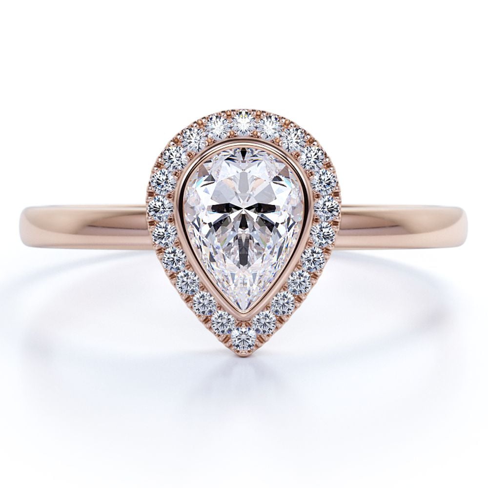 JeenMata Bezel Halo Pear Cut Engagement Ring Engagement Ring in 18K ...