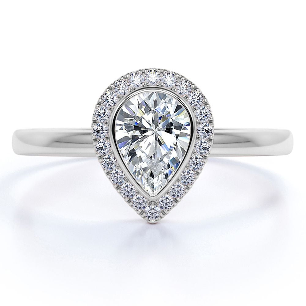 JeenMata Bezel Halo Pear Cut Engagement Ring Engagement Ring in 18K ...