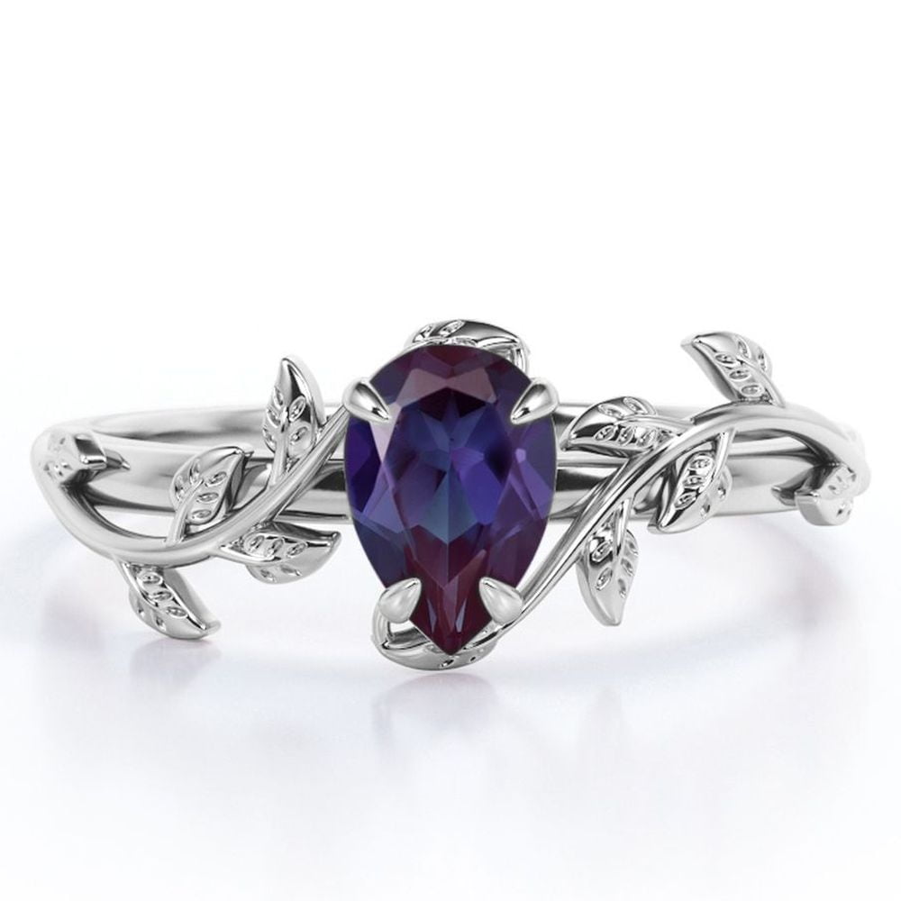JeenMata Botanical Design - 1 Carat Pear Cut Lab Created Alexandrite - 4 Prong Engagement Ring ...
