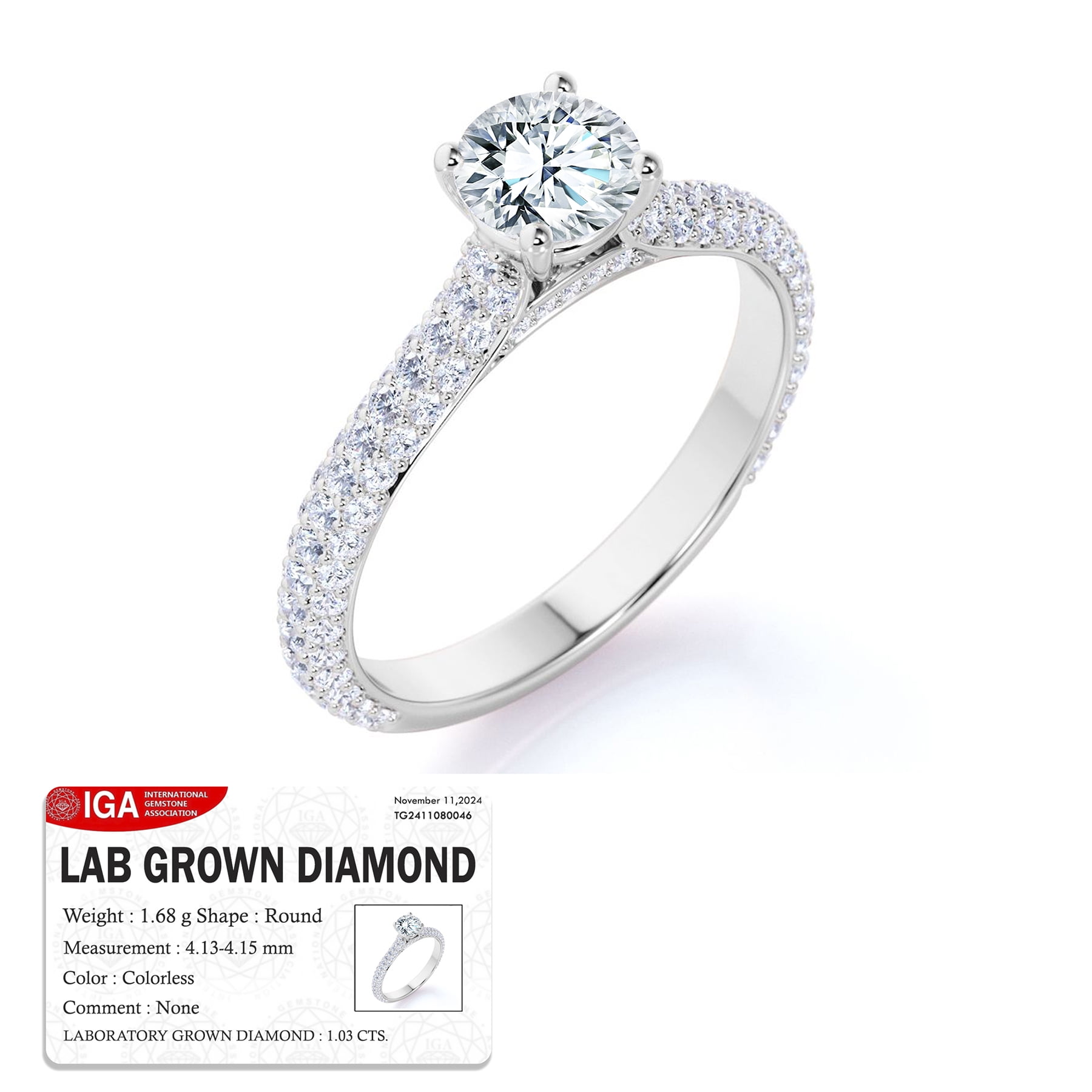 JeenMata Certified 1 Carat Round Brilliant Cut Lab Grown Diamond Micro Pave Set Engagement Ring ...