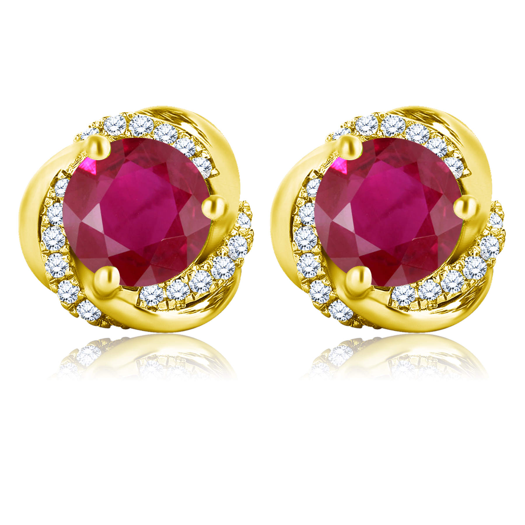 JeenMata 2 Carat Ruby Birthstone Earrings - Twisted Halo Round Cut Stud ...
