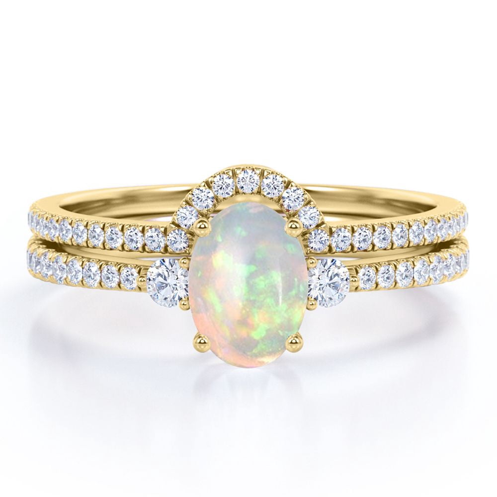 JeenMata Curved Pave 1 Carat Elliptical Ethiopian Opal And Moissanite ...