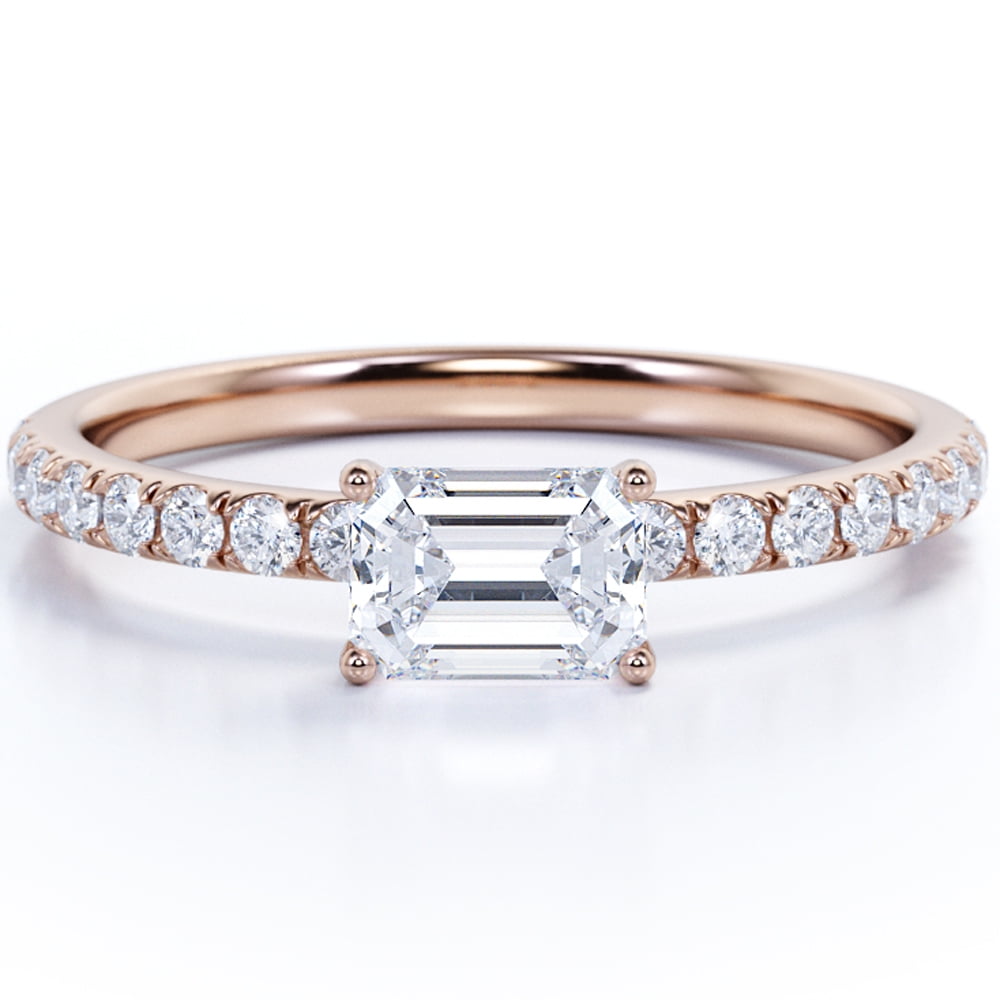 JeenMata East West 1.75 Carat Emerald Cut Moissanite 4 Prong Set Pave ...