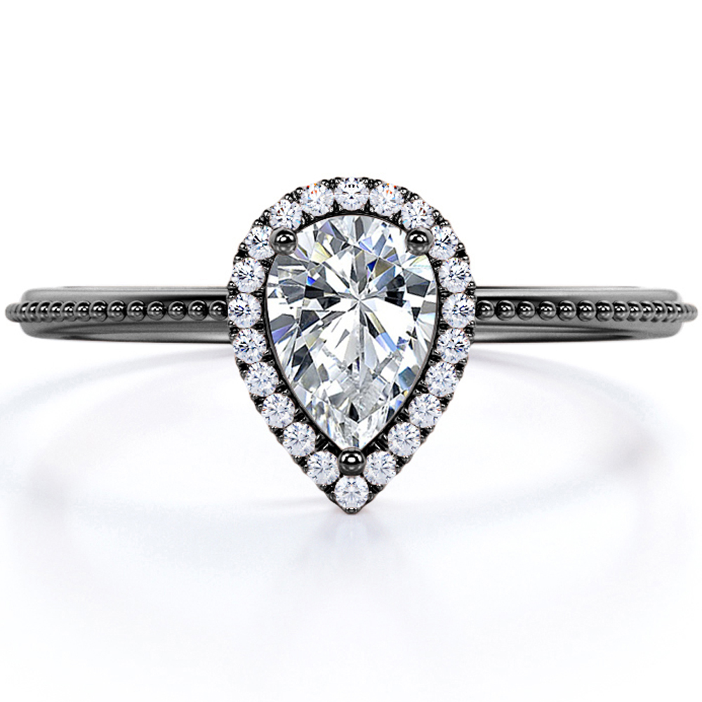JeenMata Halo 1 Carat Pear Shaped Moissanite Milgrain Edge Engagement ...
