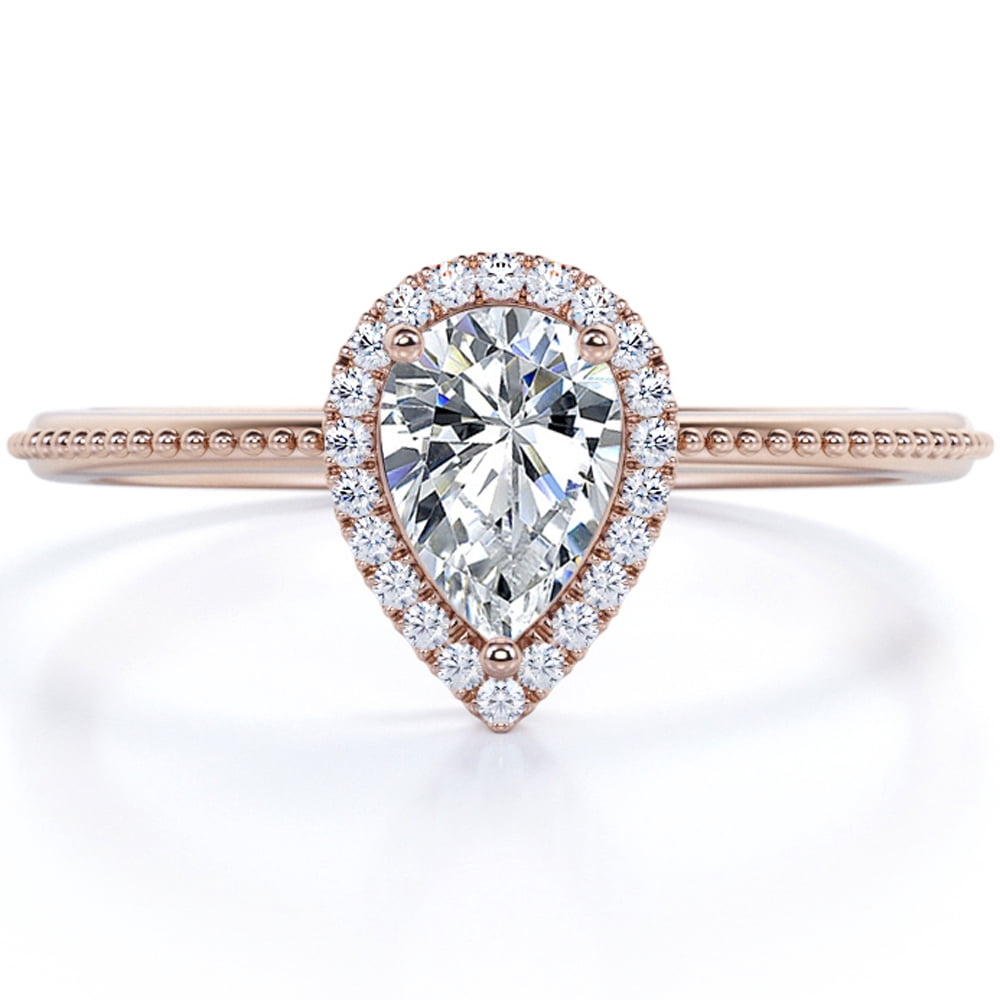 JeenMata Halo 1 Carat Pear Shaped Moissanite Milgrain Edge Engagement ...