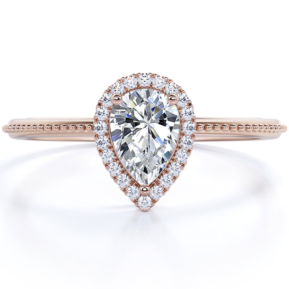 JeenMata Halo 1 Carat Pear Shaped Moissanite Milgrain Edge Engagement ...