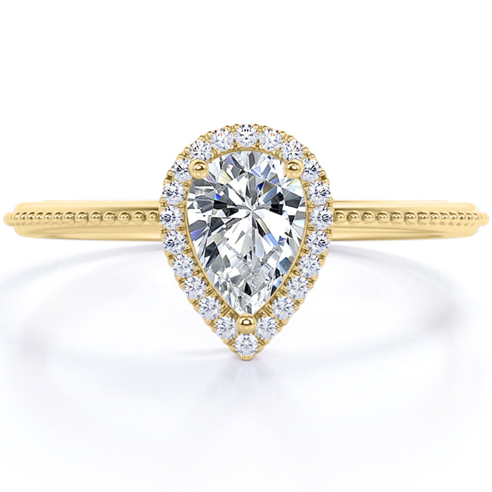 JeenMata Halo 1 Carat Pear Shaped Moissanite Milgrain Edge Engagement Ring In 18K Yellow Gold ...