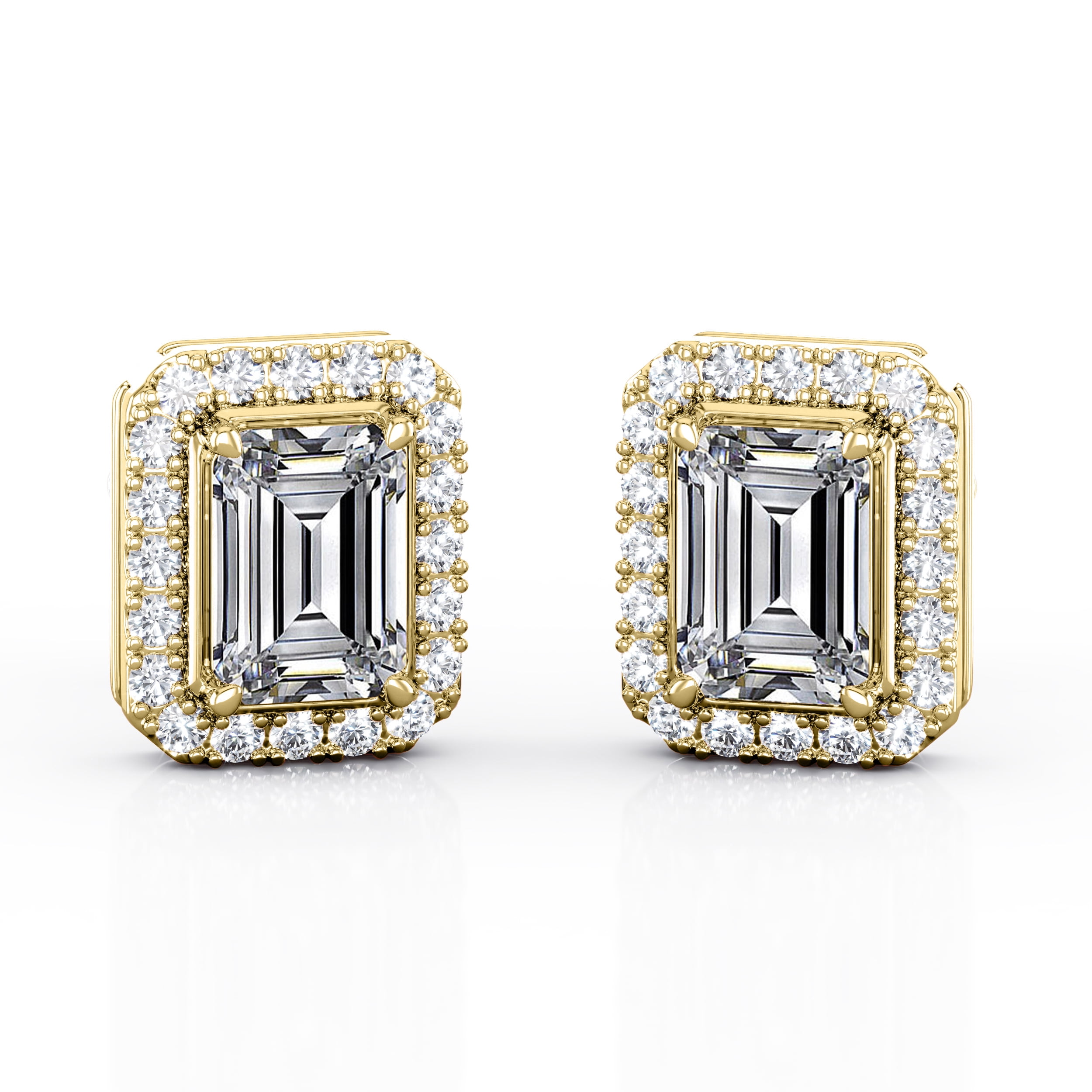 JeenMata Halo Cluster 1.1 Carat Emerald Cut Moissanite 4 Prong Set Stud ...