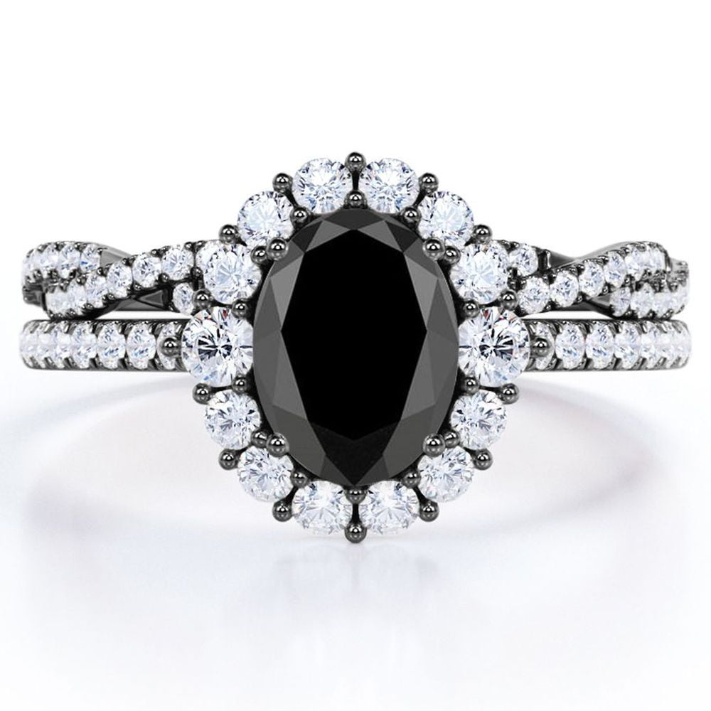 JeenMata Halo Cluster - 1.5 Carat Egg Shaped Lab Created Black Diamond ...