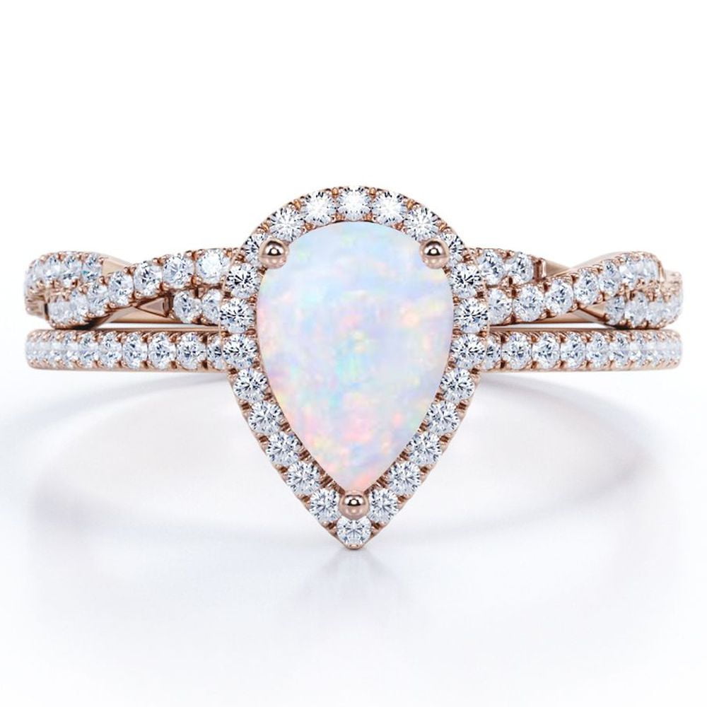 JeenMata Halo Pave Design - 1.5 Carat Pear Cut Rainbow Opal and ...