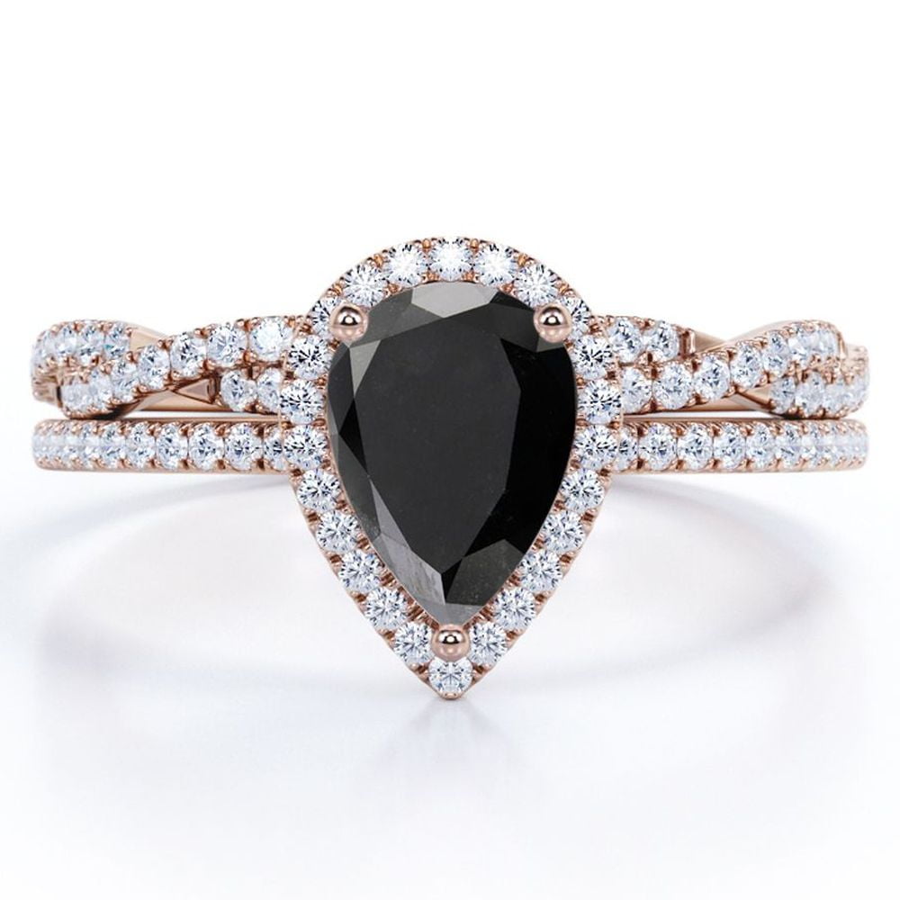 JeenMata Halo Pave Design - 1.5 Carat Teardrop Lab Created Black ...