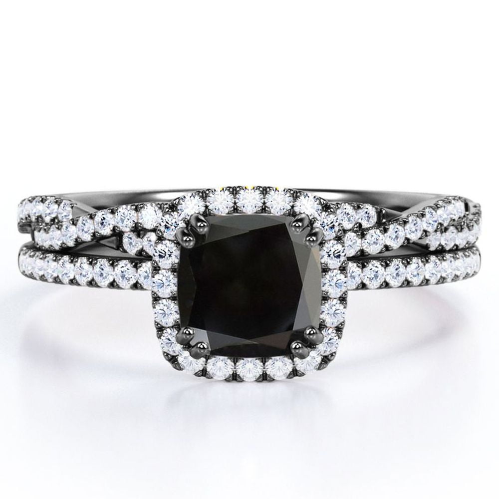 JeenMata Halo Prong Set - 1.5 Carat Cushion Cut Lab Created Black ...