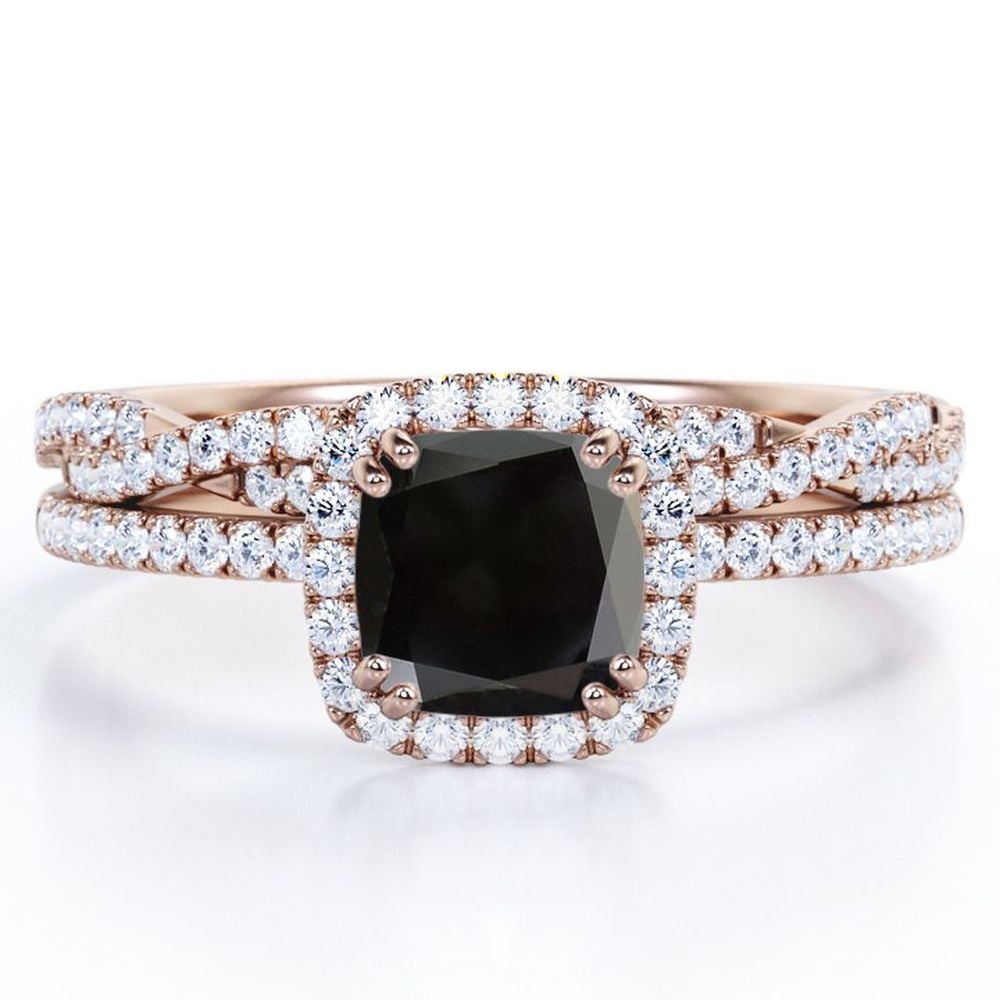 JeenMata Halo Prong Set - 1.5 Carat Cushion Cut Lab Created Black ...