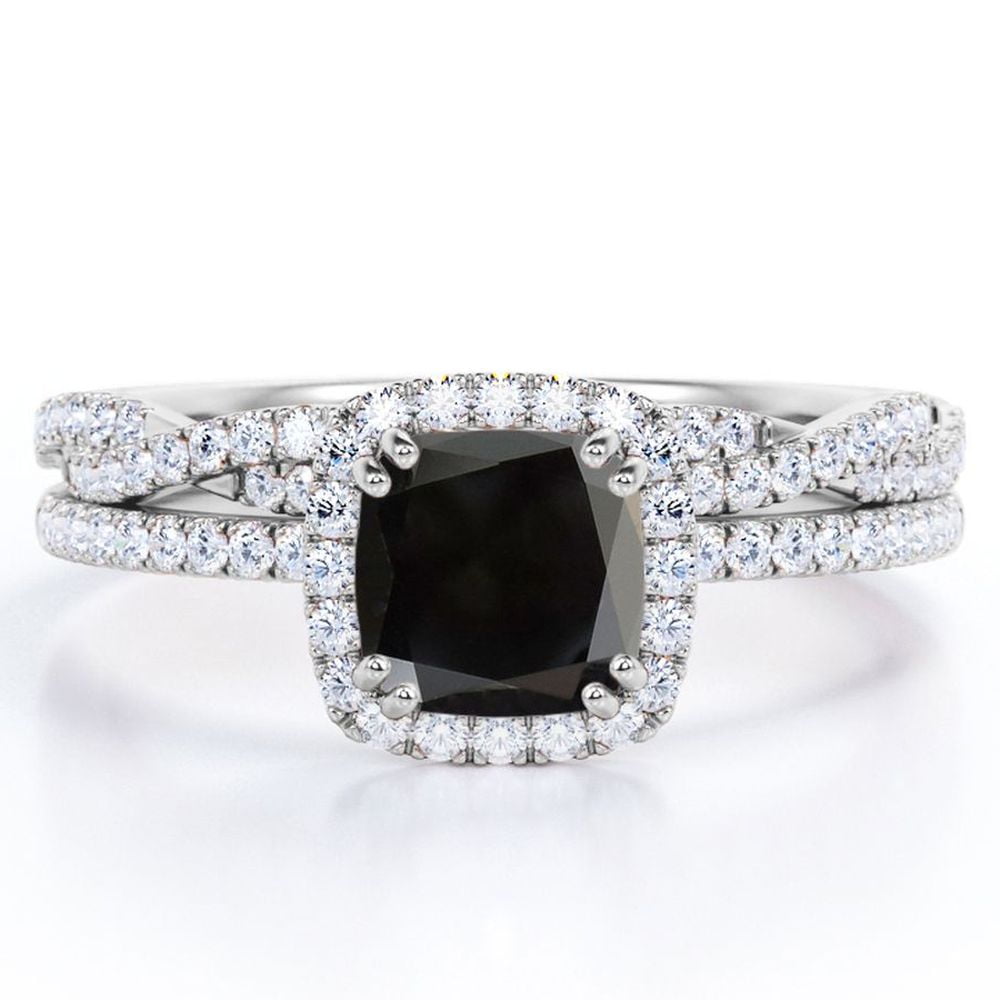 JeenMata Halo Prong Set - 1.5 Carat Cushion Cut Lab Created Black ...