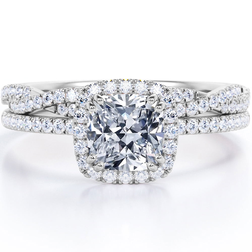 JeenMata Halo Prong Set - 1.5 Carat Cushion Cut Moissanite - Pave ...