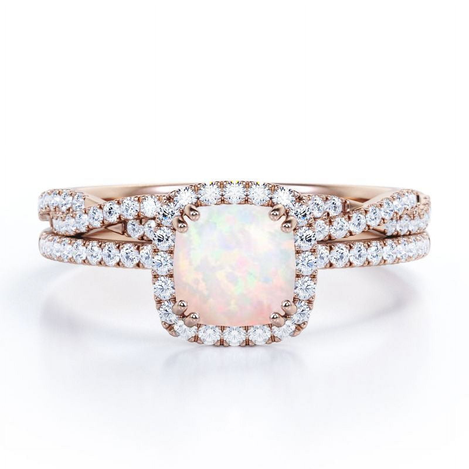 JeenMata Halo Prong Set - 1.5 Carat Cushion Cut Rainbow Opal and Moissanite - Pave Twisted ...