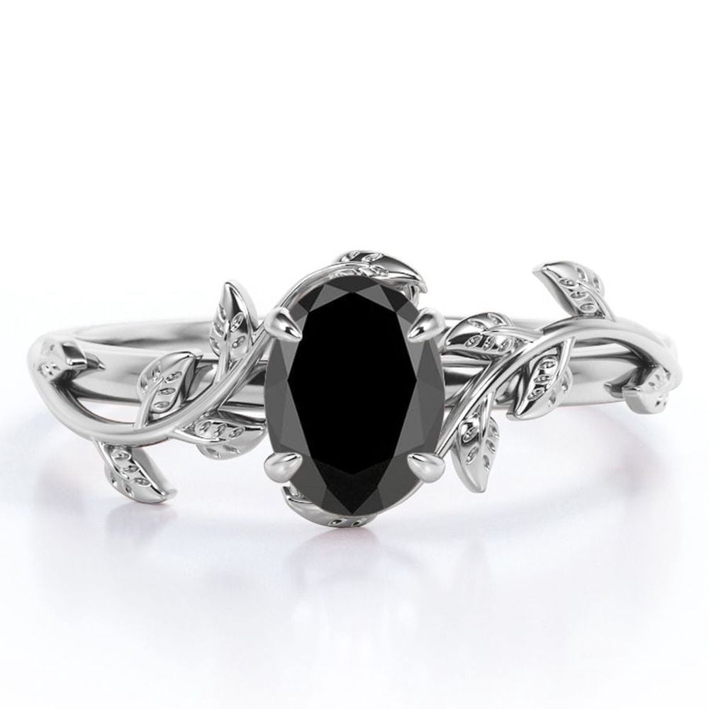 JeenMata 1.3 Carat Oval Black Diamond Engagement Ring, 18K White Gold ...