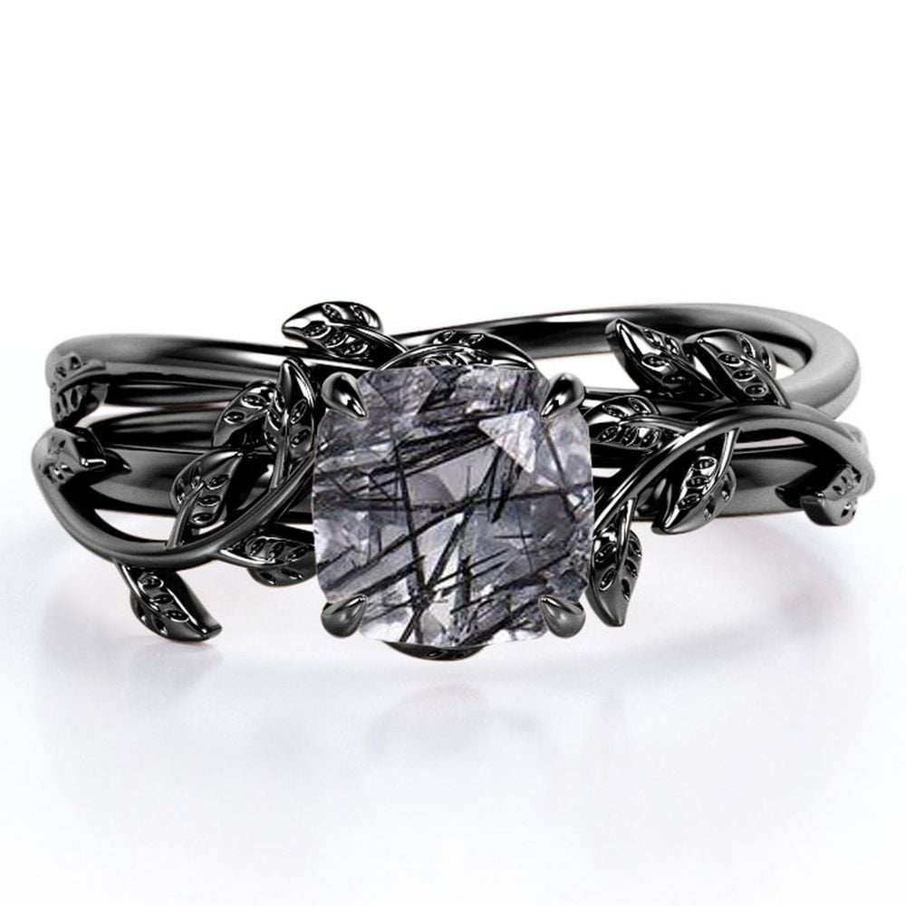 JeenMata Leaf Branch Vine - 1 TCW Cushion Cut Black Rutilated Quartz - Solitaire Prong Wedding ...